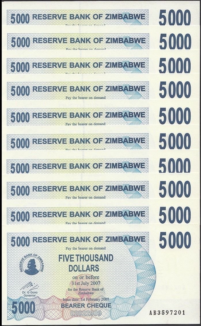 Zimbabwe 5,000 (5000) Dollars Bearer Cheque X 10 Pieces (PCS), 2007, P ...