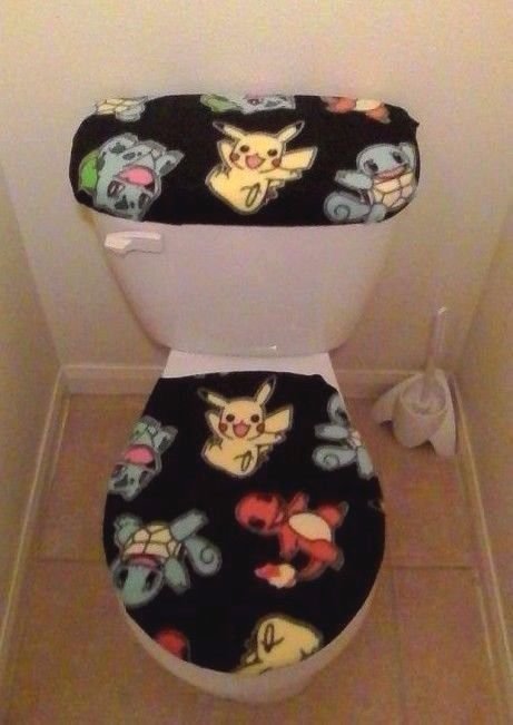 POKEMON Pikachu Fleece Fabric Toilet Seat Cover Set Bathroom Accessories