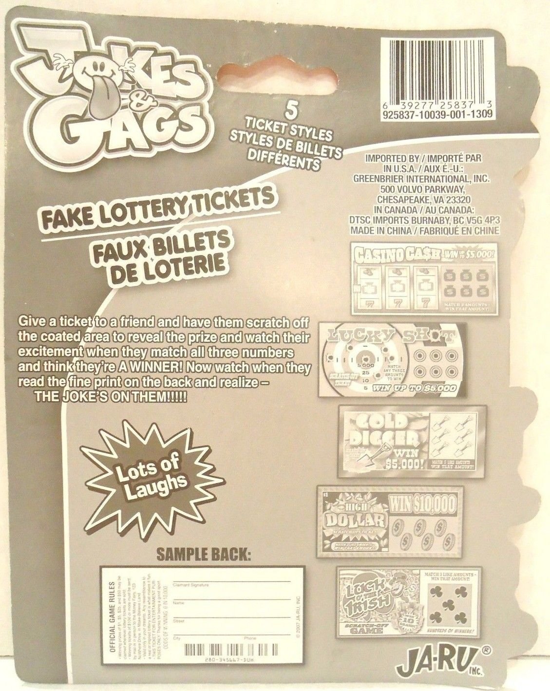 FAKE - SCRATCH OFF - LOTTERY - TICKETS - 5 PACK - JOKE - GAG - GIFT ...