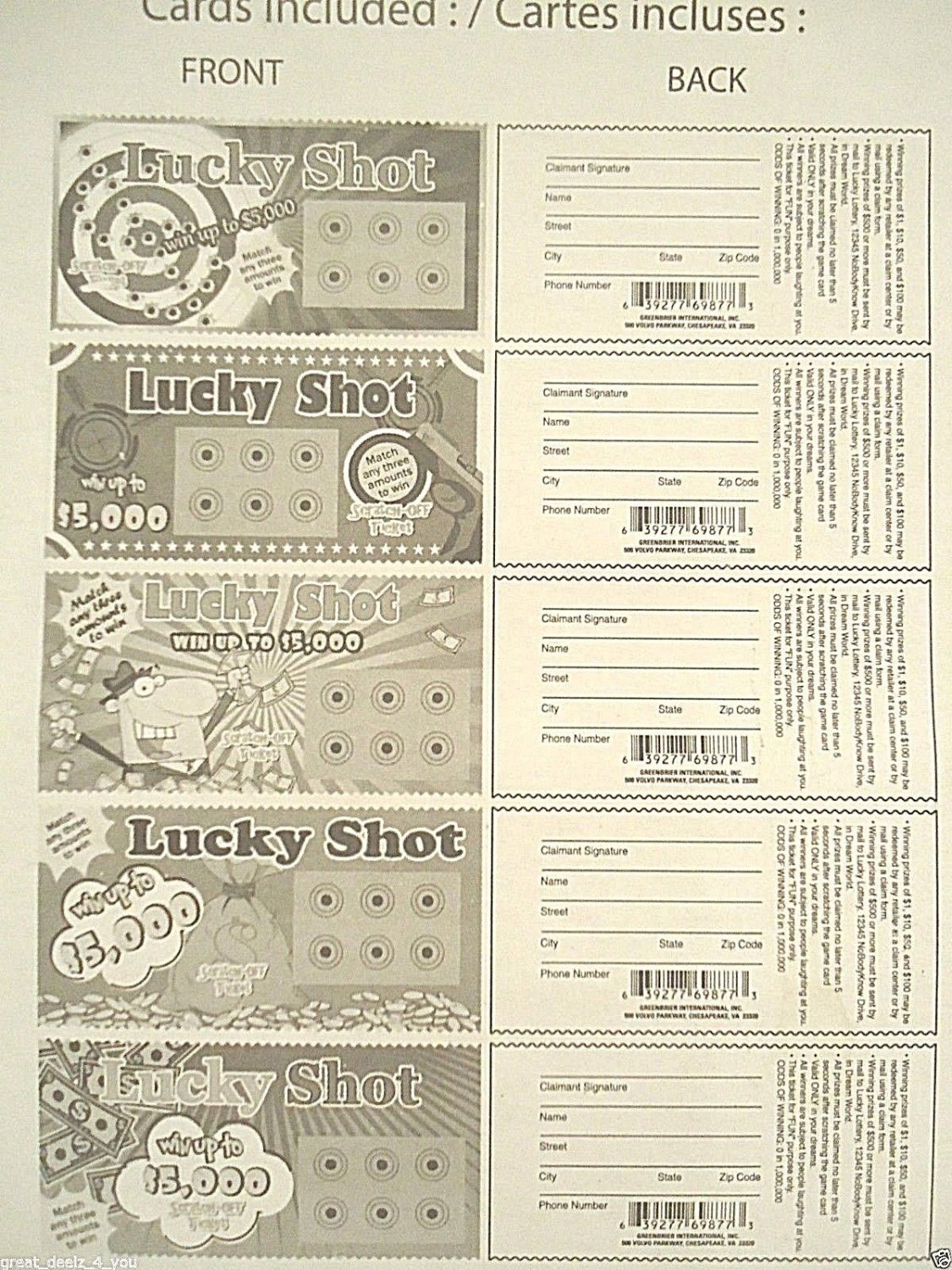 FAKE - SCRATCH OFF - LOTTERY - TICKETS - 5 PACK - JOKE - TICKETS - GAG ...