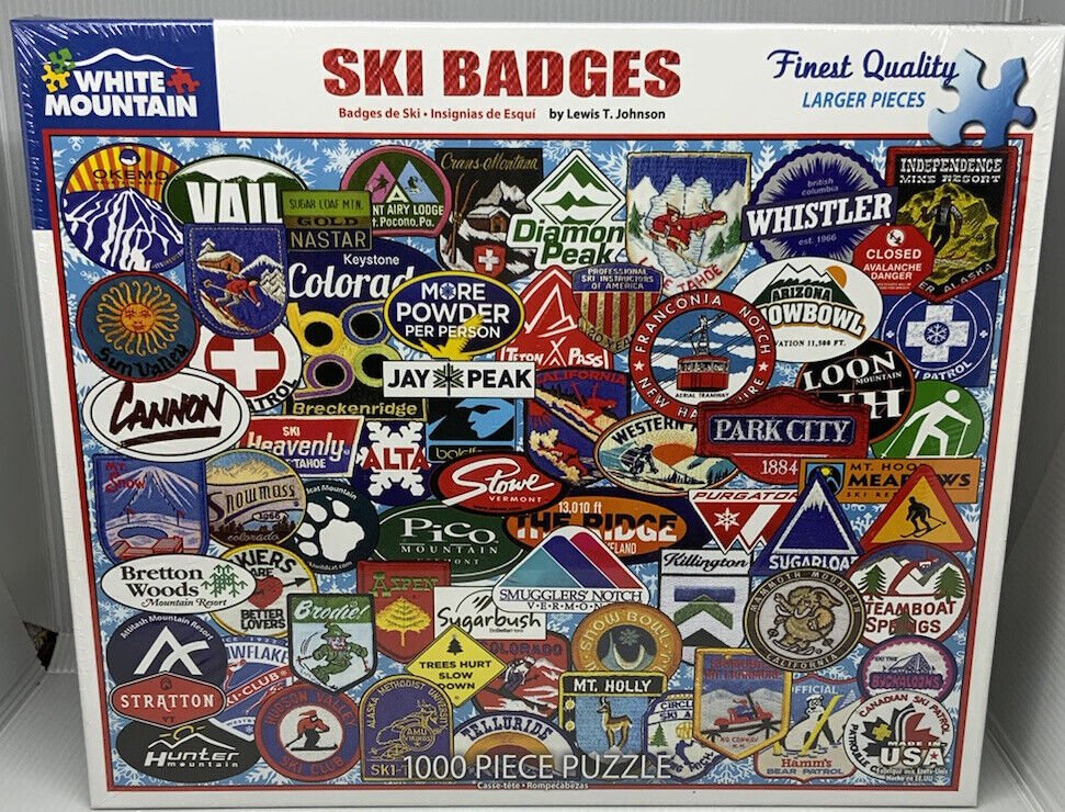 New Ski Badges 1000 piece jigsaw puzzle By White Mountain 24” X 30” Ages 9+