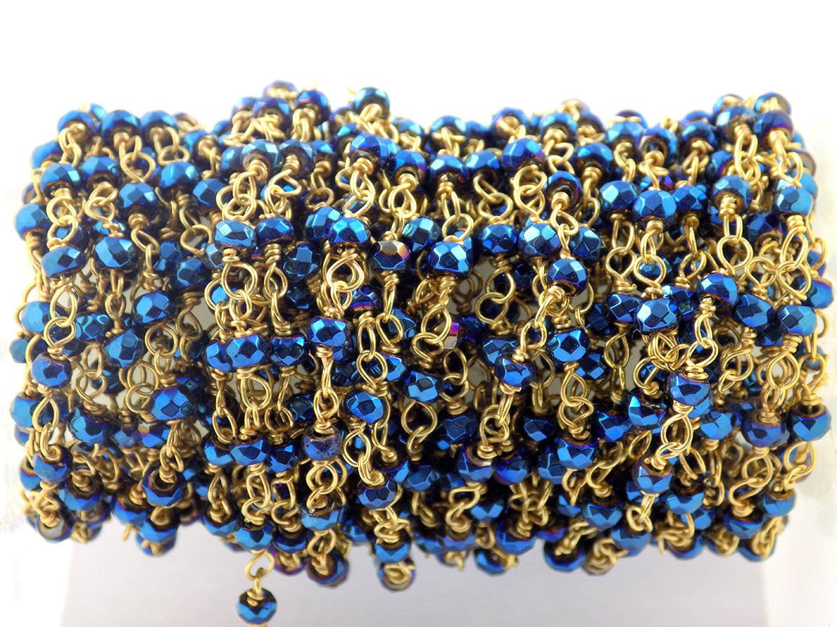 5 Feet Blue Hematite Beaded Chain 24k Gold Plated 3mm Faceted Brass Rosary
