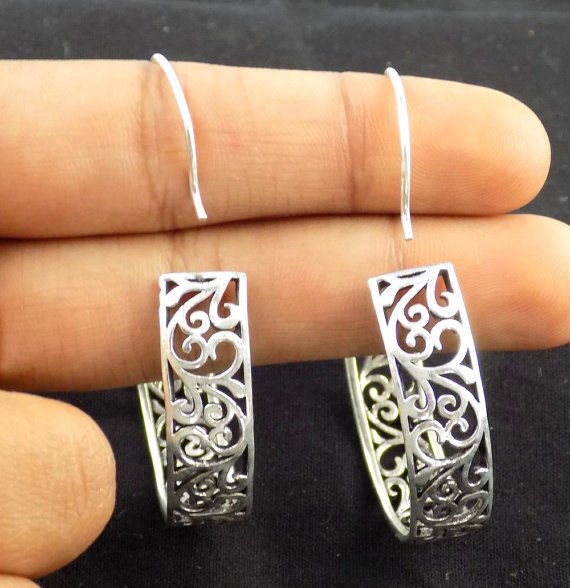 1 Pair Lovely 925 Sterling Flower Fancy Design Silver Oxidize Handmade ...