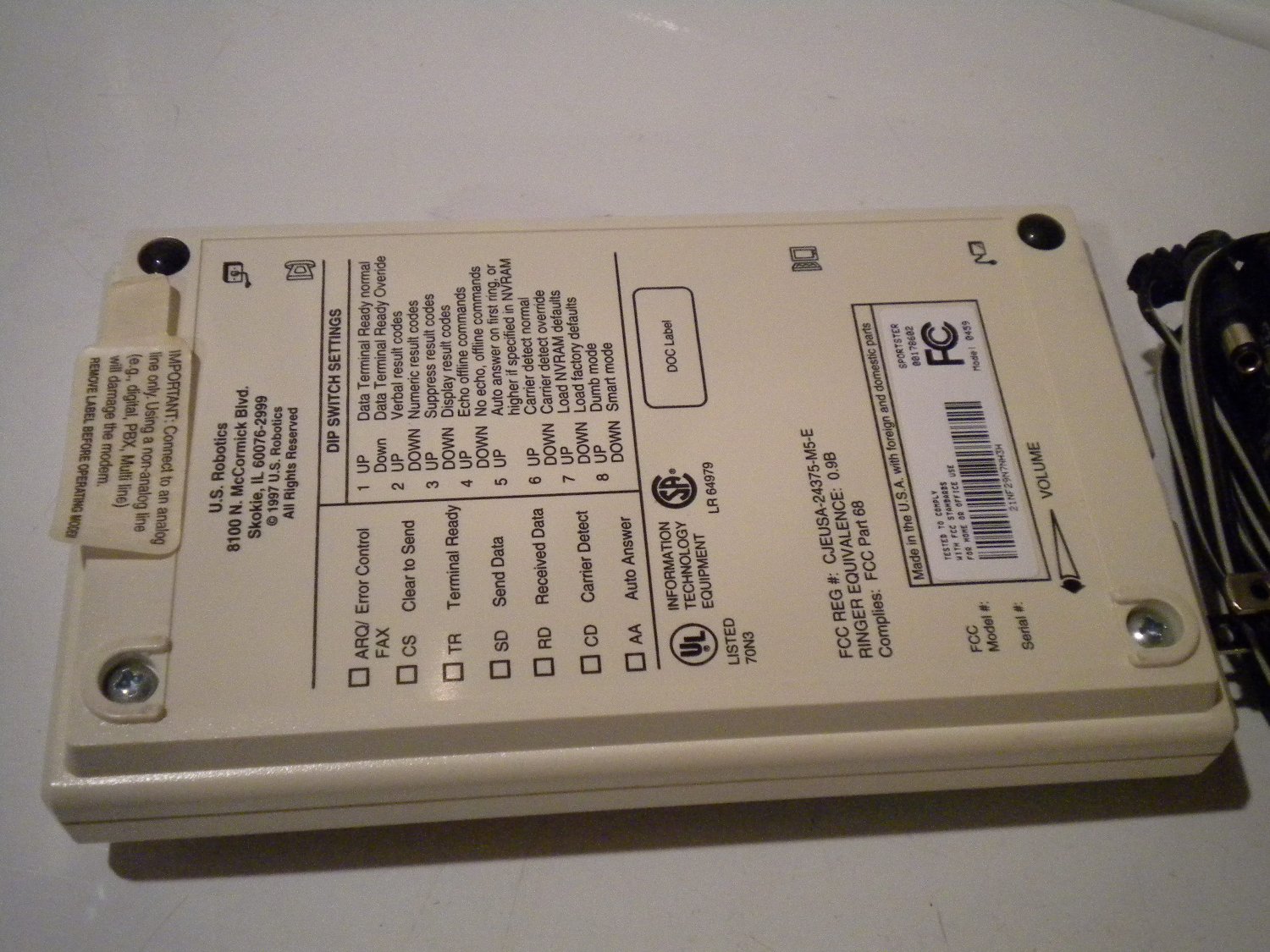 US Robotics 56K External Sportster With x2 Fax Modem Model 0459/ AC ADAPTER