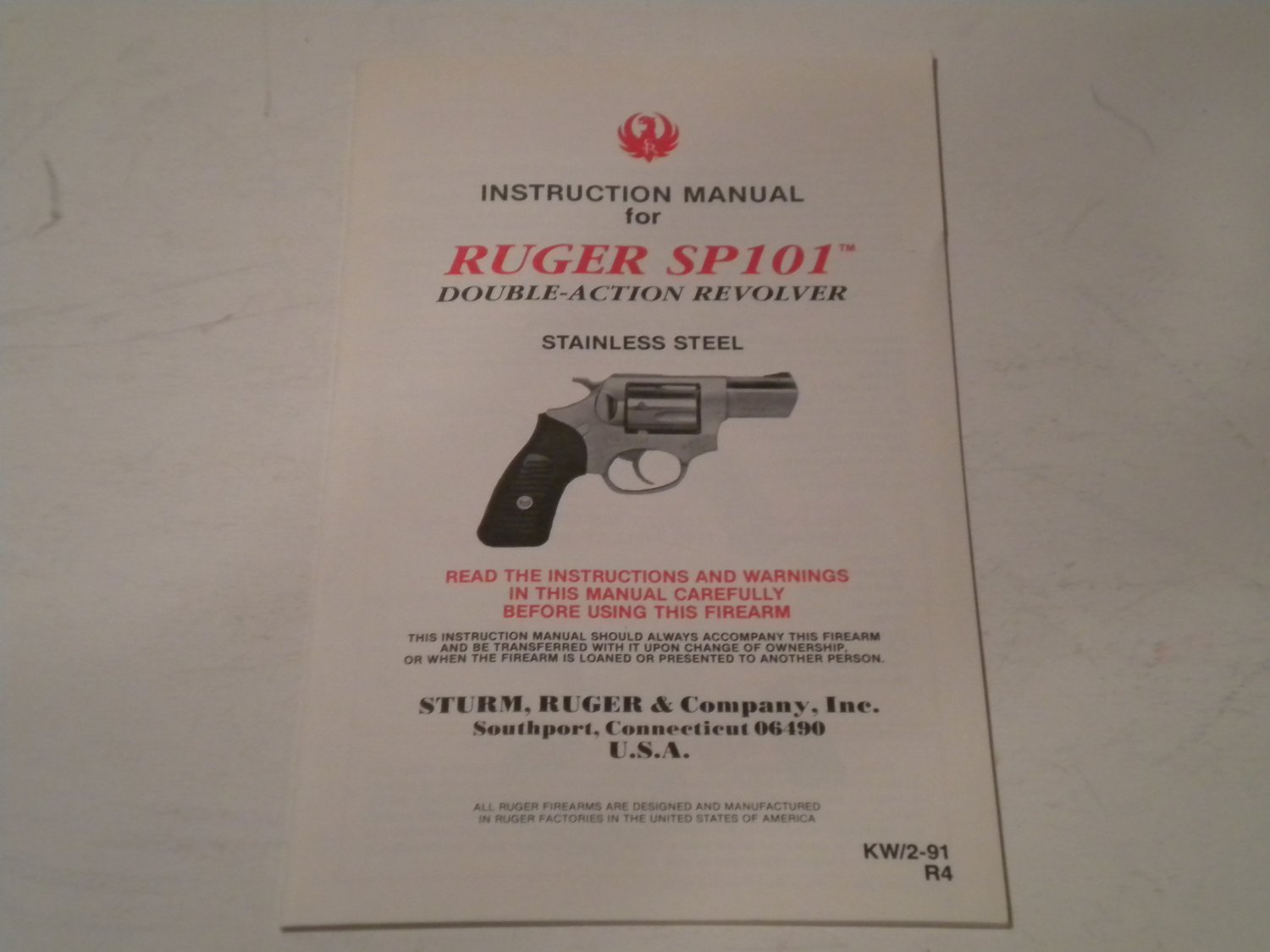 INSTRUCTION MANUAL for RUGER SP101 DOUBLE-ACTION REVOLVER, Original, 2-91