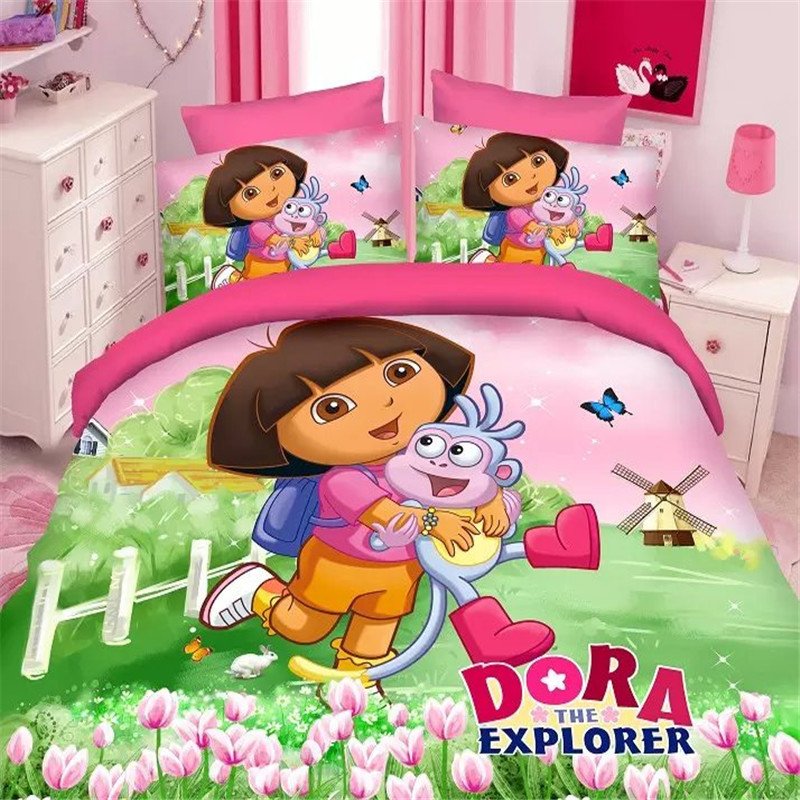 Single Size 4pcs Dora The Explorer bedding set duvet cover pillow cases