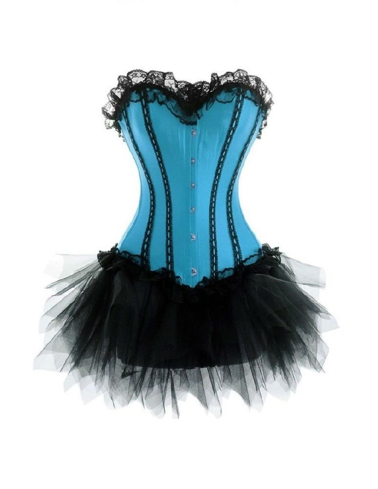 Baby Blue Satin Gothic Burlesque Costume Black Net Overbust Corset