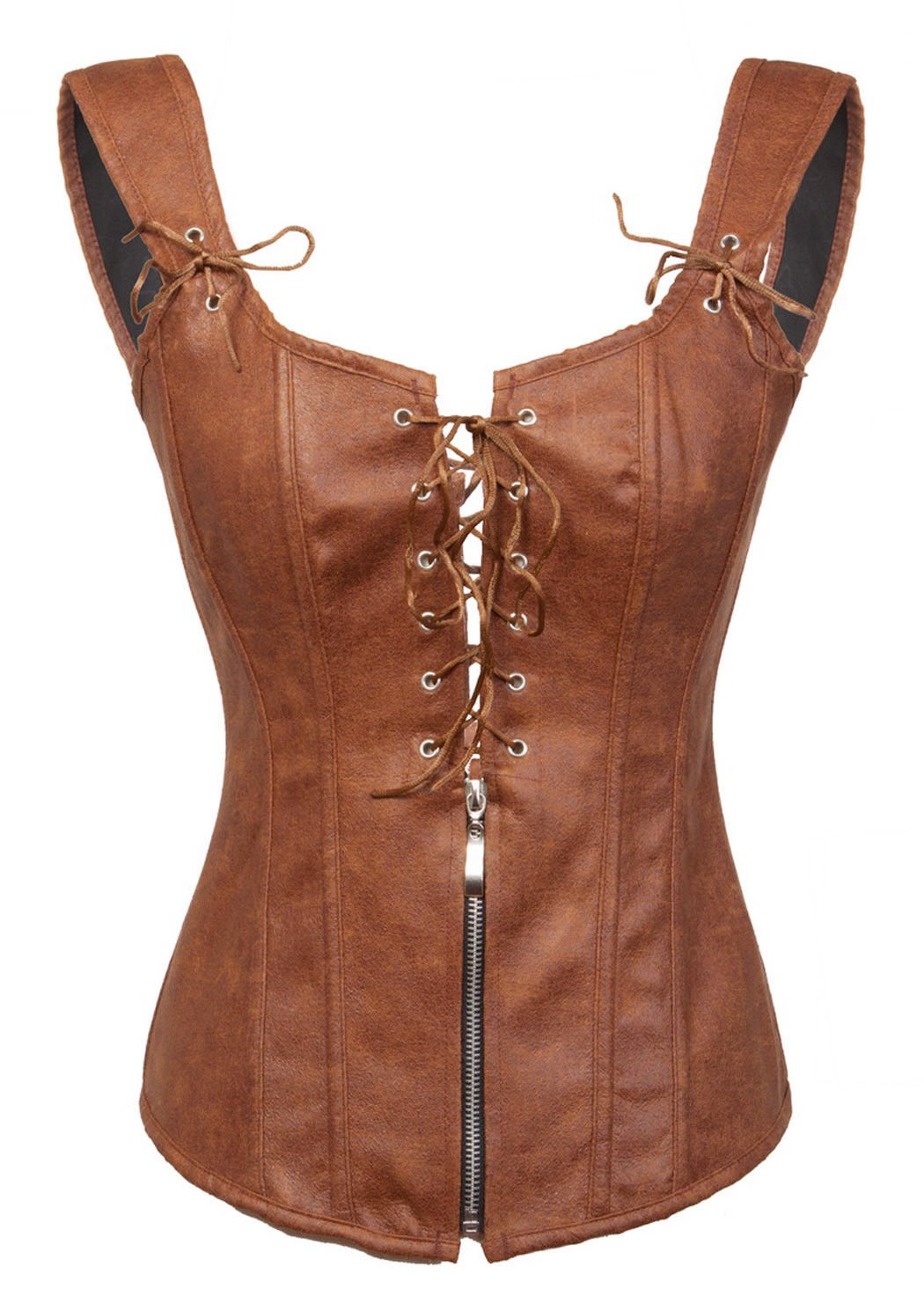 Brown Leather Shoulder Straps Goth Steampunk Waist Training Overbust