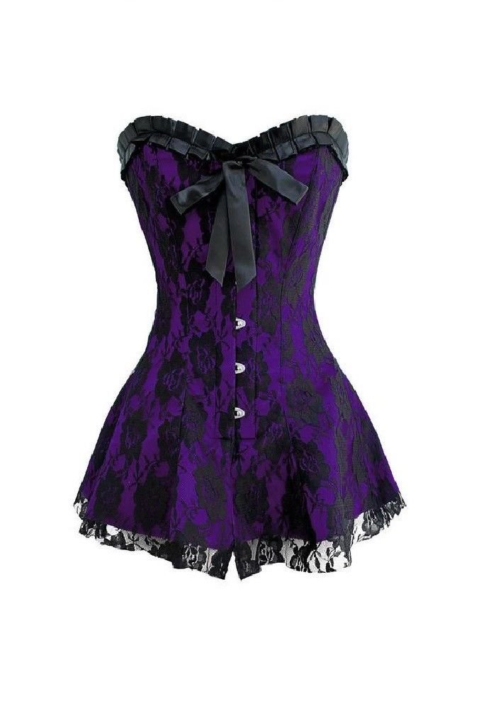 Purple Satin Black Net Frill Burlesque Waist Shaper Basque Overbust ...