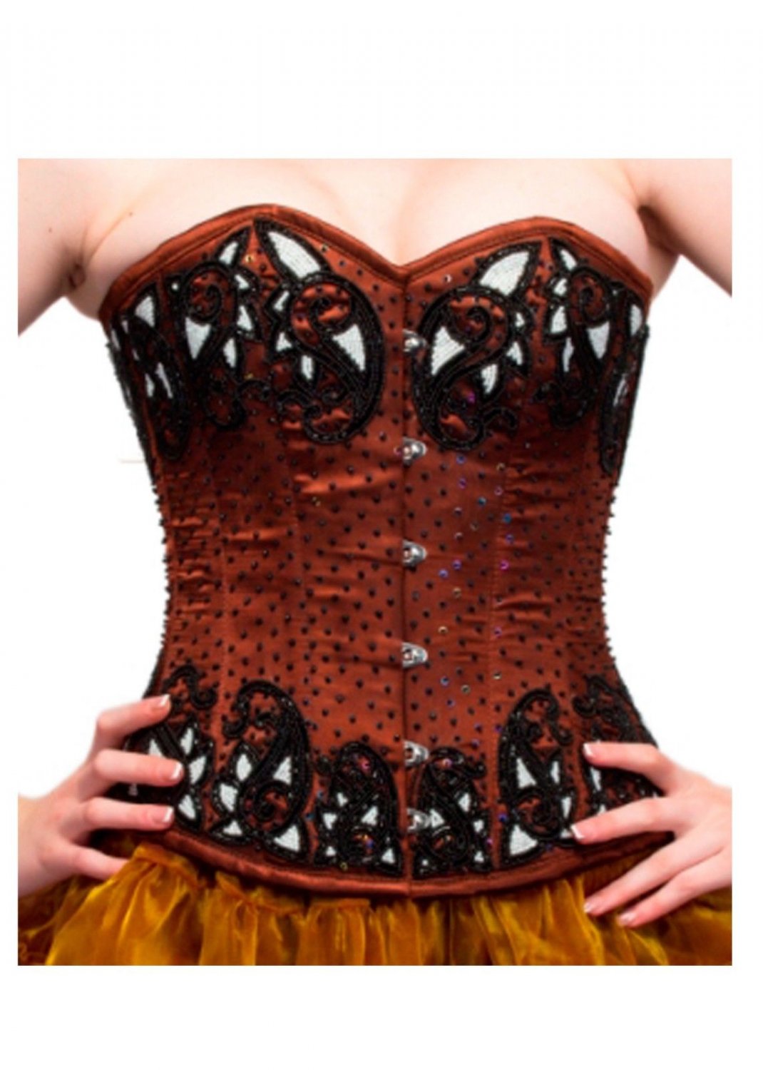 Brown Satin Sequins Burlesque Gothic Bustier Waist Cincher Overbust