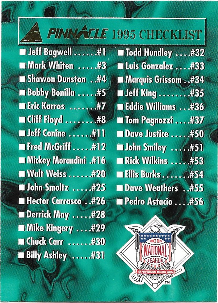 1995 Pinncale Checklist #179 Baseball Card
