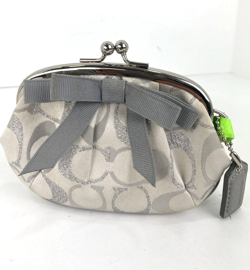 Coach Coin Purse Wallet Kisslock Framed Signature Grey Bow Canvas ...