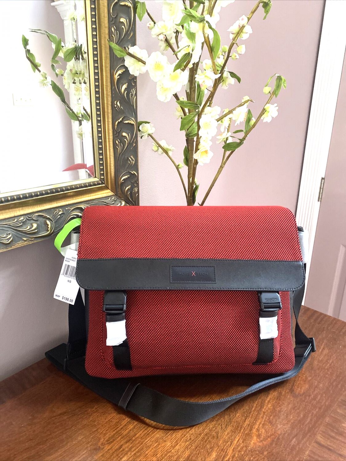 New Michael Kors Bag Tech Messenger Red Canvas Black Leather B2H