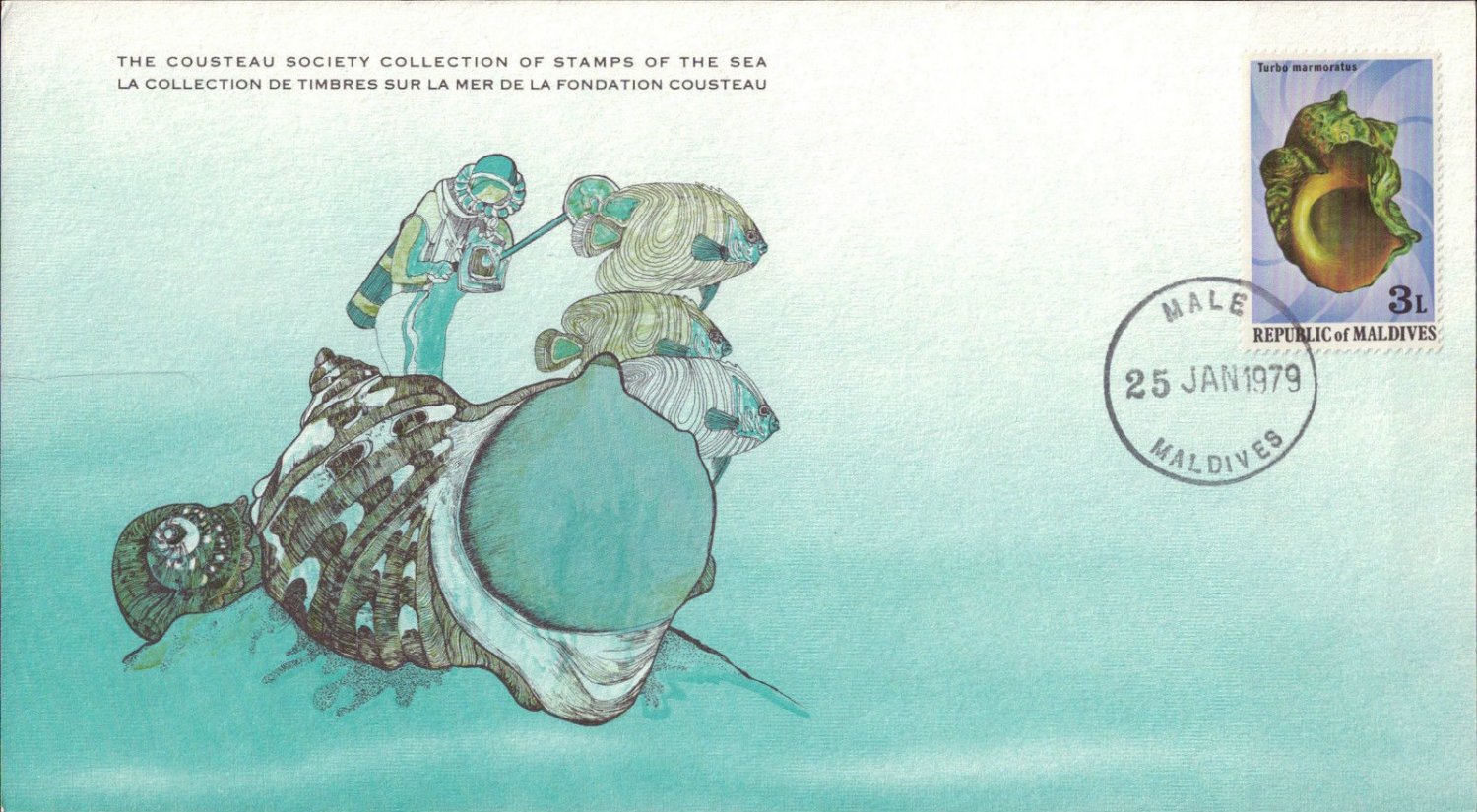Cousteau Society-Green Turban Shell-Card of Maldives -First Day Cover