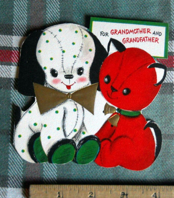 Vintage Merry Christmas GRANDMOTHER-FATHER unused HALLMARKdiecut embossed 50s