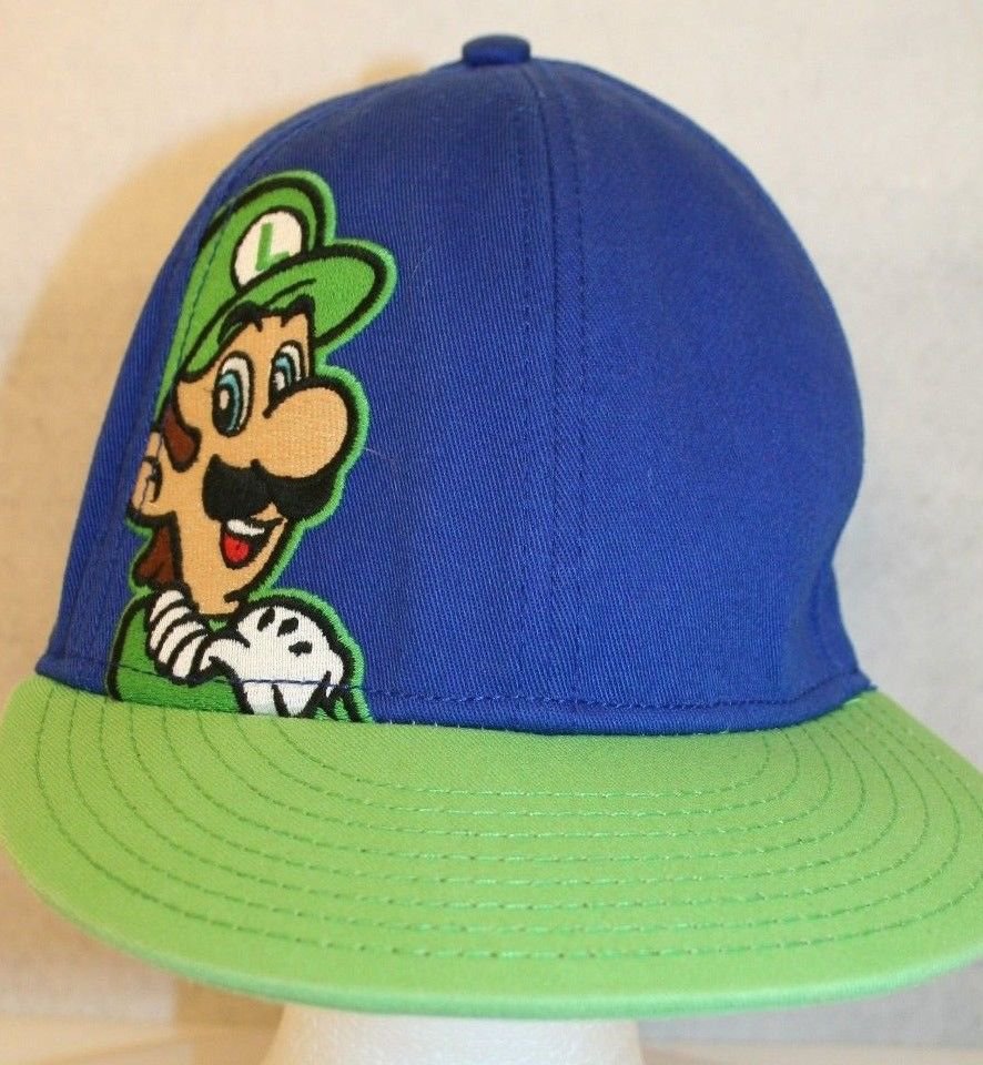 Super Mario Bros Luigi A-Flex Stretch Cap Hat Nintendo Blue Green Flat ...