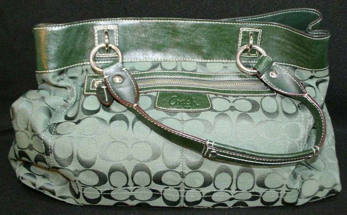 Coach logo Forest Green Purse Shoulder Tote Bag Silver Hardware Canvas ...