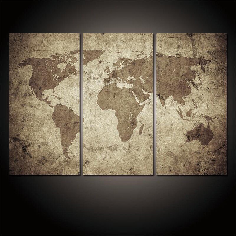 Large Framed World Map Rustic Look Canvas Print Wall Art Home Decor 3 Piece