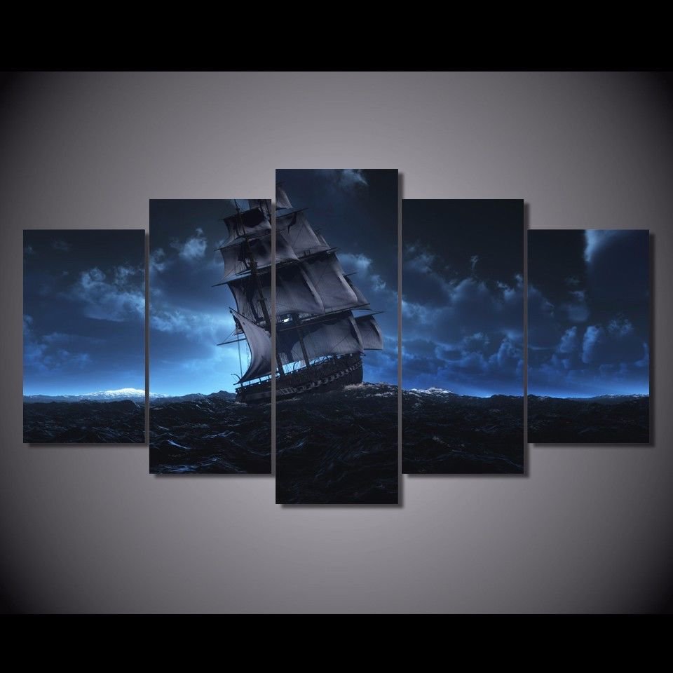 Large Framed Old Sailing Ship Ocean Canvas Wall Art Home Decor Five Piece