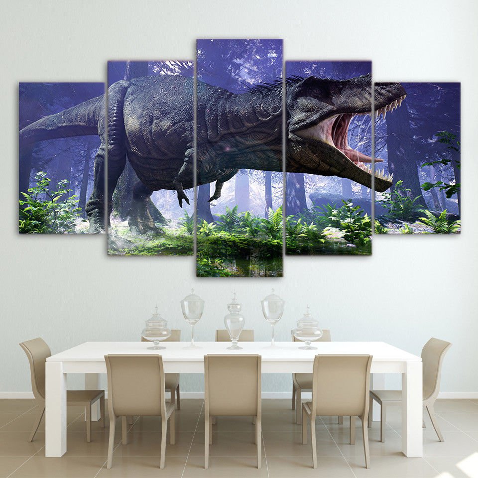 Large Framed T-Rex Jurassic Dinosaur Print Canvas Decor Wall Art Five Piece