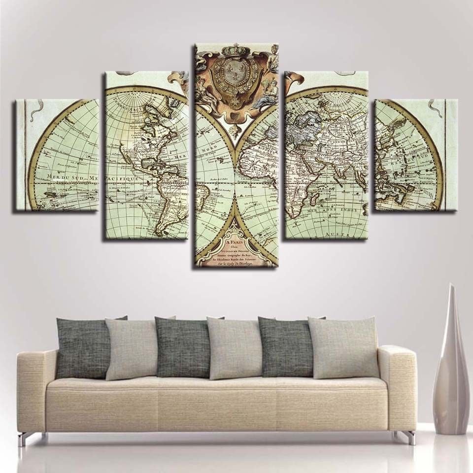 Large Framed World Map Retro Vintage 5 Piece Canvas Wall Art Home Decor