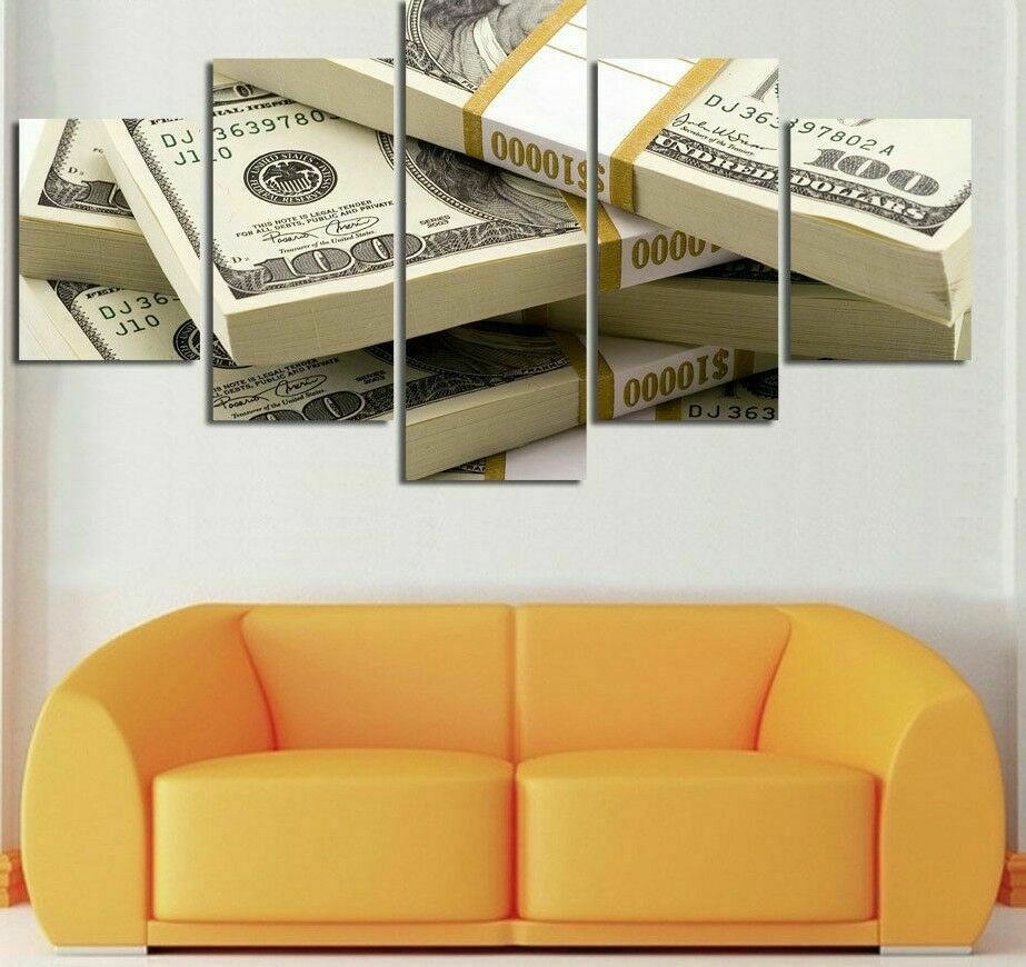 Cash Money $100 Dollar Five Piece Framed Canvas Multi Panel Home Decor ...