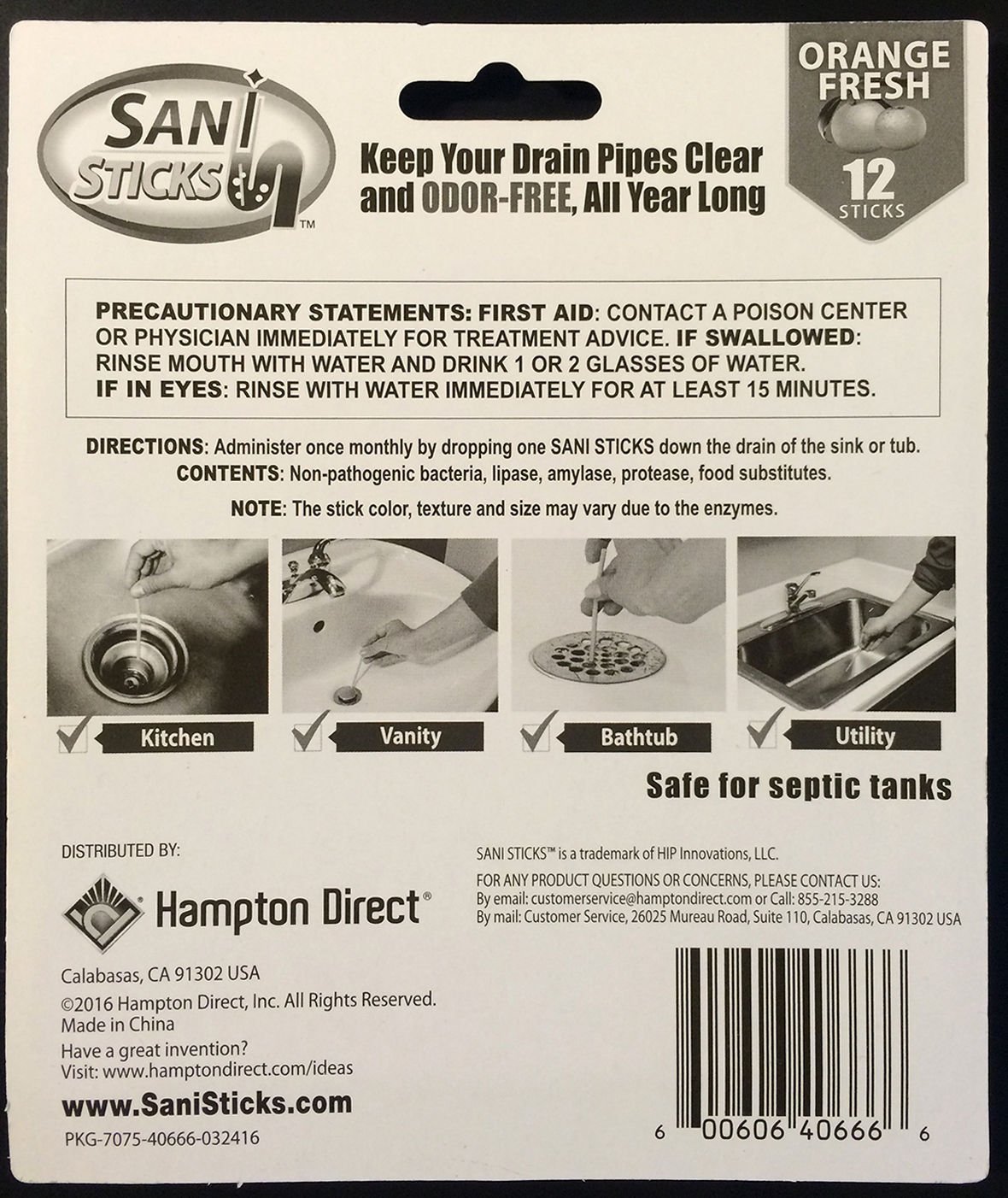 24 PACK Sani Sticks Orange Drain Cleaner Odor Remover Kitchen Sink ...