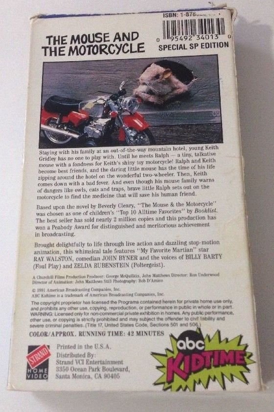 The Mouse and the Motorcycle VHS Tape Vintage 1991 Beverly Cleary ABC ...