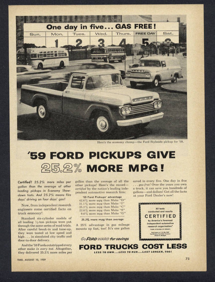 1959 '59 FORD STYLESIDE PICKUP TRUCK ECONOMY CHAMP VINTAGE MAGAZINE ...