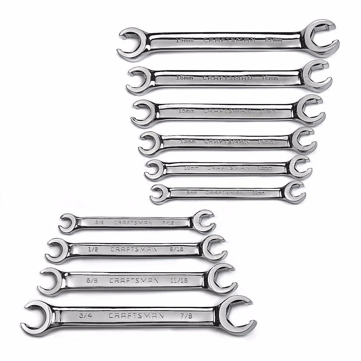 Craftsman Full Polish 10 pc SAE/Metric Line/Flare Nut Wrench Set 3/8-7/ ...
