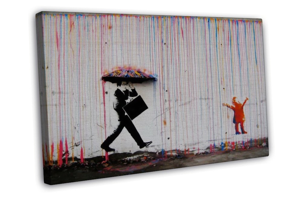 Banksy Coloured Rain Bild Street Art 20x16 inch Framed Canvas Print
