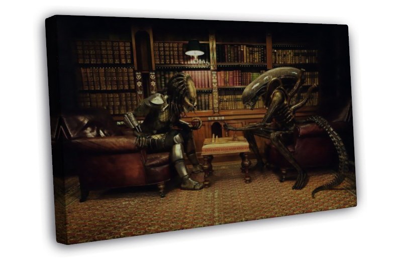 Alien Vs Predator 3 Playing Chess Movie Art 20x16 inch FRAMED CANVAS Print