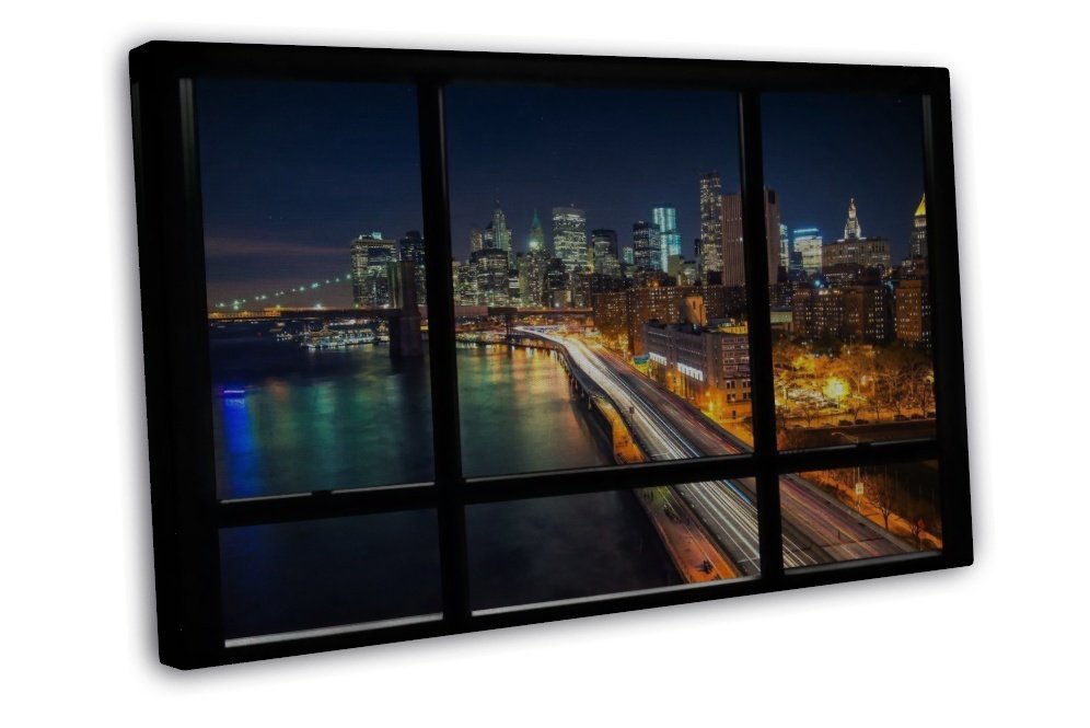 New York City Night Window View Brooklyn Bridge 20x16 inch FRAMED ...