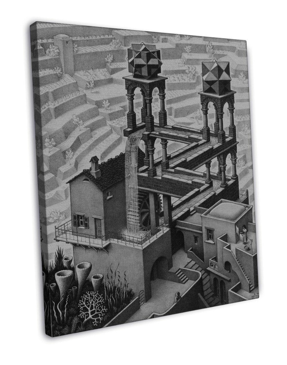 M C Escher Optical Illusion Drawing Art 16x12 inch FRAMED CANVAS Print ...
