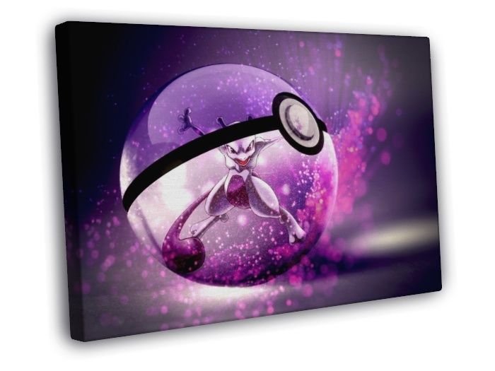 Mewtwo Pokeman Amazing Anime Art Pokeball 20x16 inch FRAMED CANVAS WALL ...