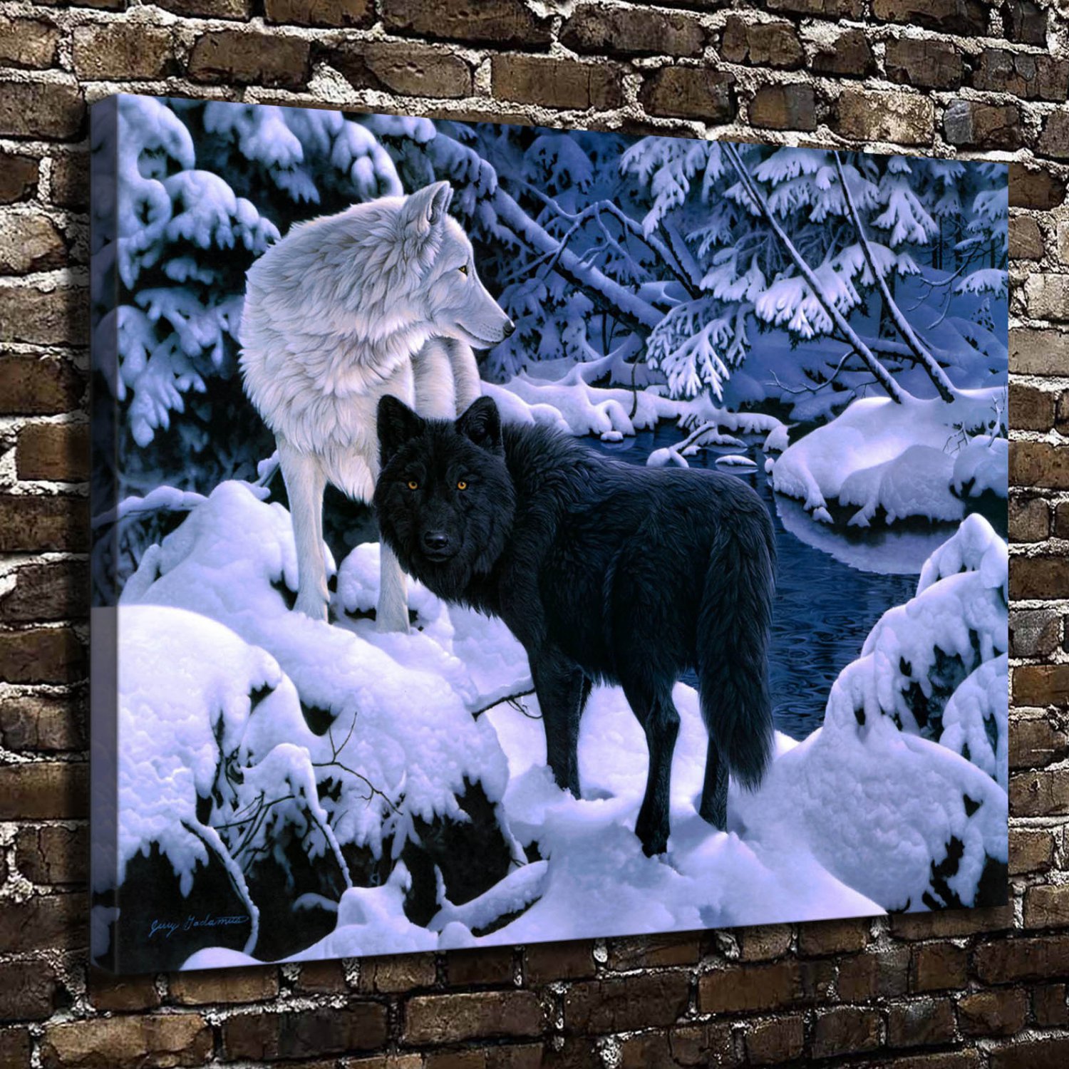 Whispering Waters Wolf 20x16 inch FRAMED CANVAS PRINT