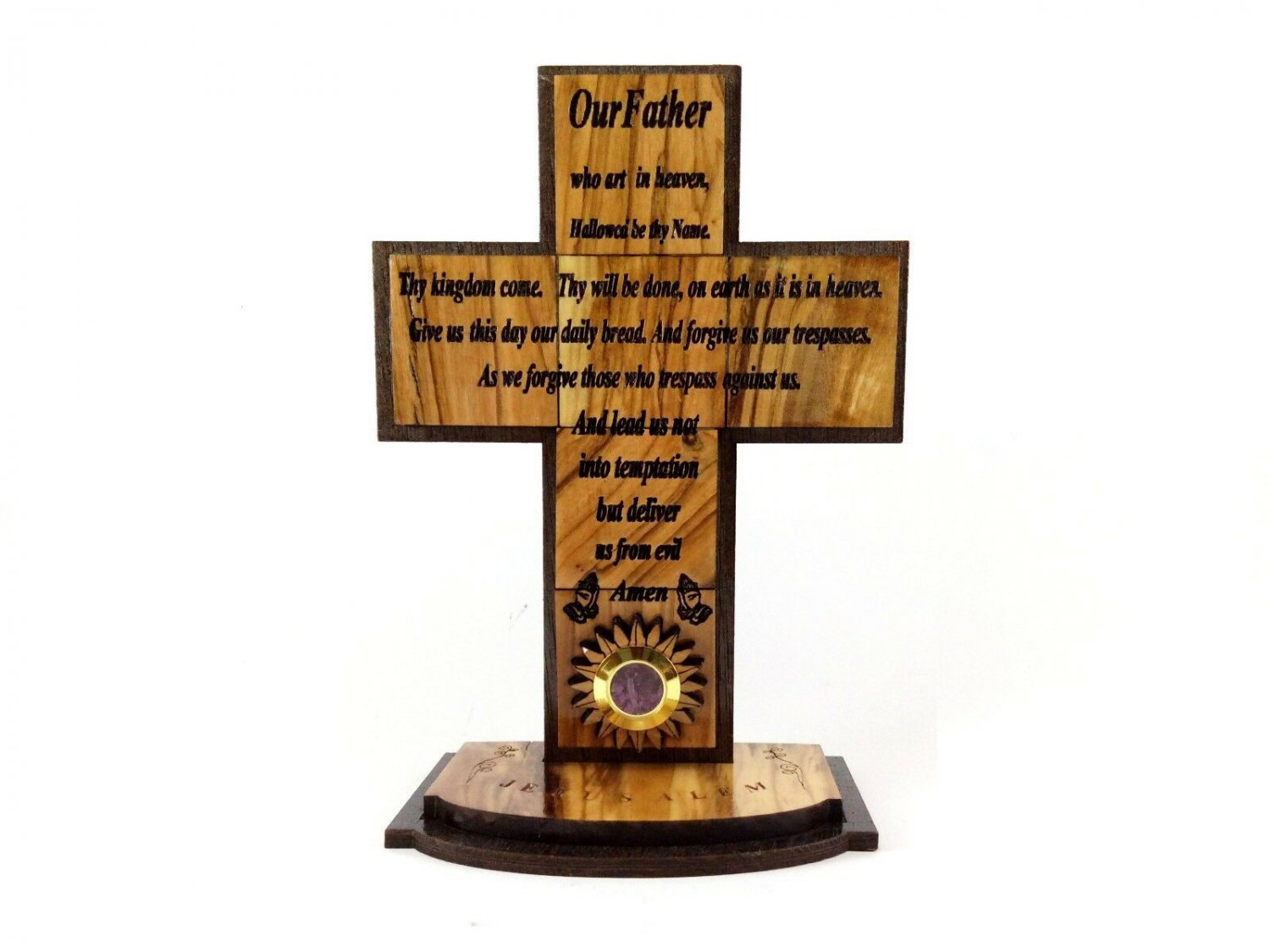 Olive Wood Lord's Prayer Cross 5" With Stand Laser Carved Holy Land ...