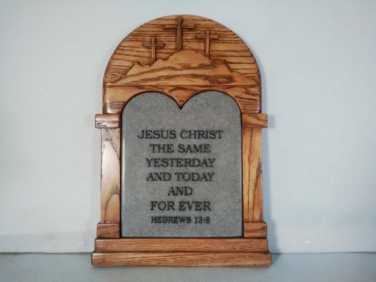 Gray Granite Stone inlay calvary Oak Plaque W/ Black Etched Lettering