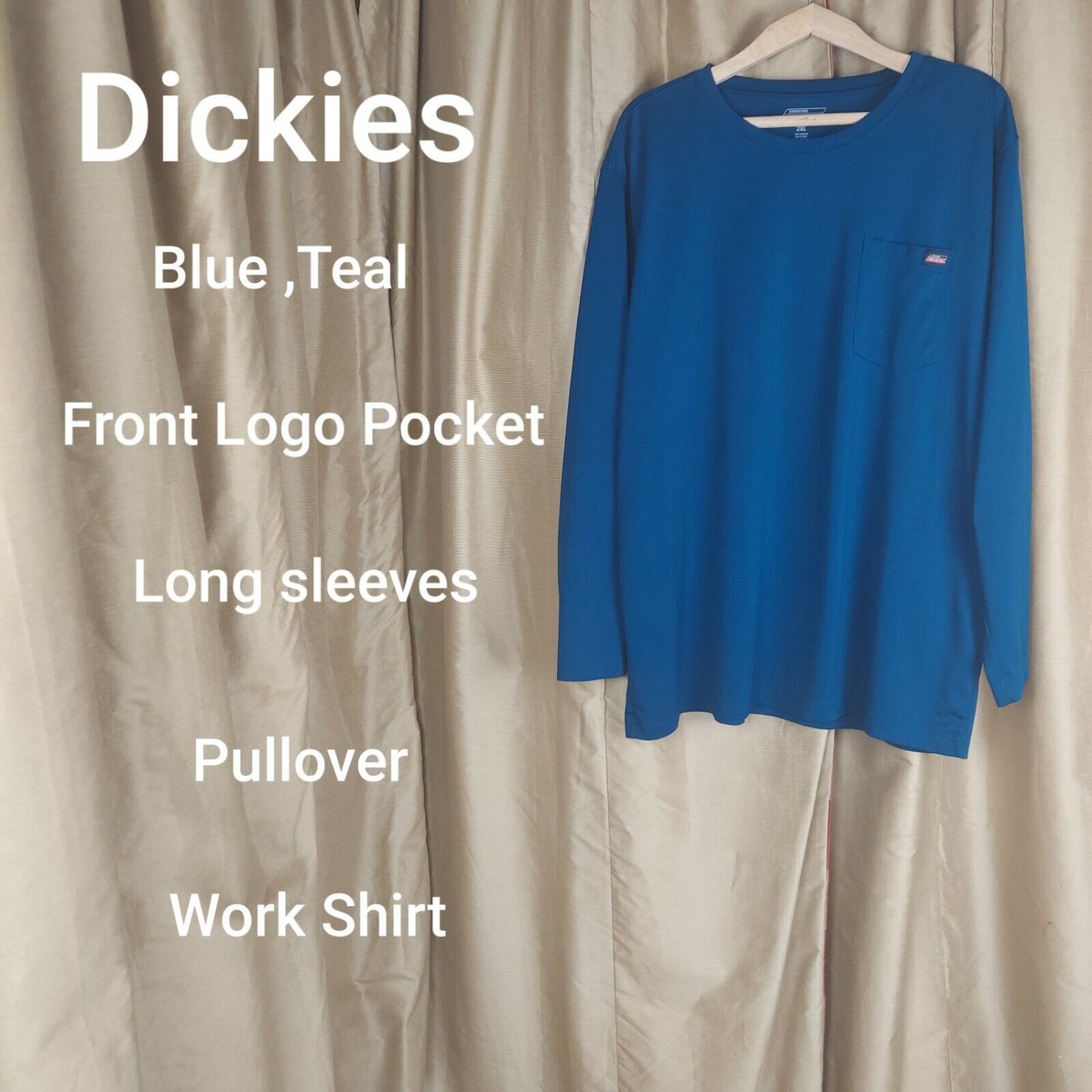 Dickies Blue Teal Long Sleeves Pullover Closure Logo Front Pocket Shirt ...