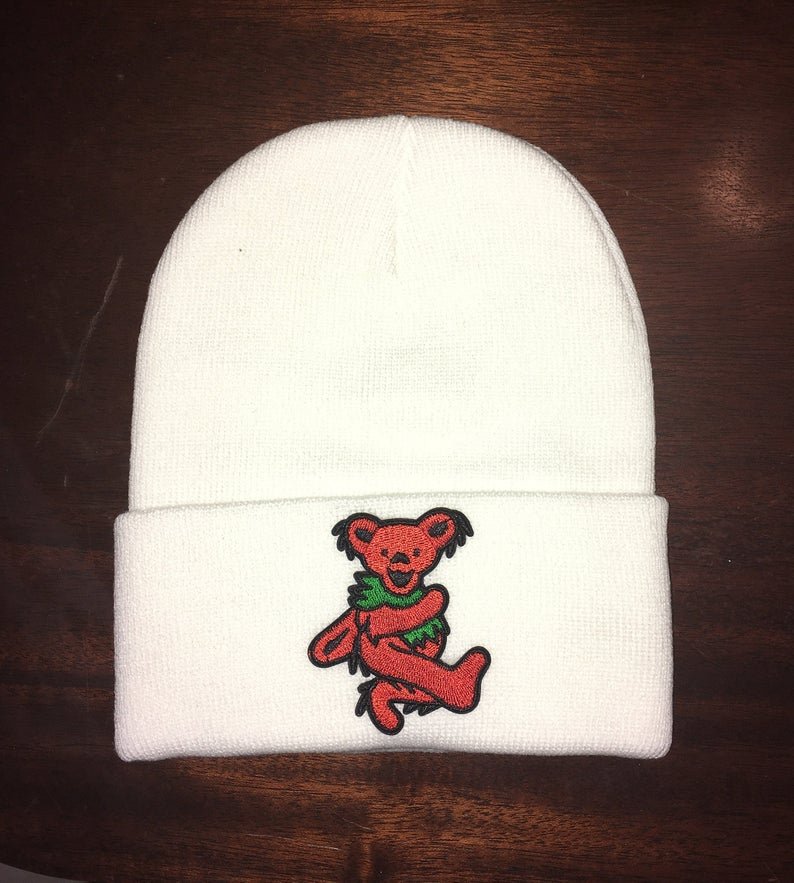 Grateful Dead Orange Dancing Bear White Beanie Hat