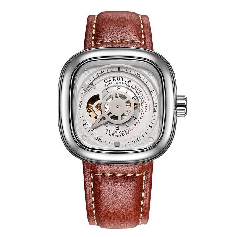 Men Automatic Mechanical Skeleton Square Dial Leather Band Sports ...