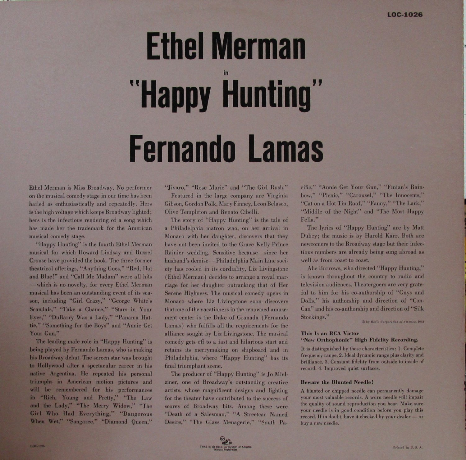 Happy Hunting (Soundtrack) (RCA LOC 1026) (Ethel Merman, Fernando Lamas ...