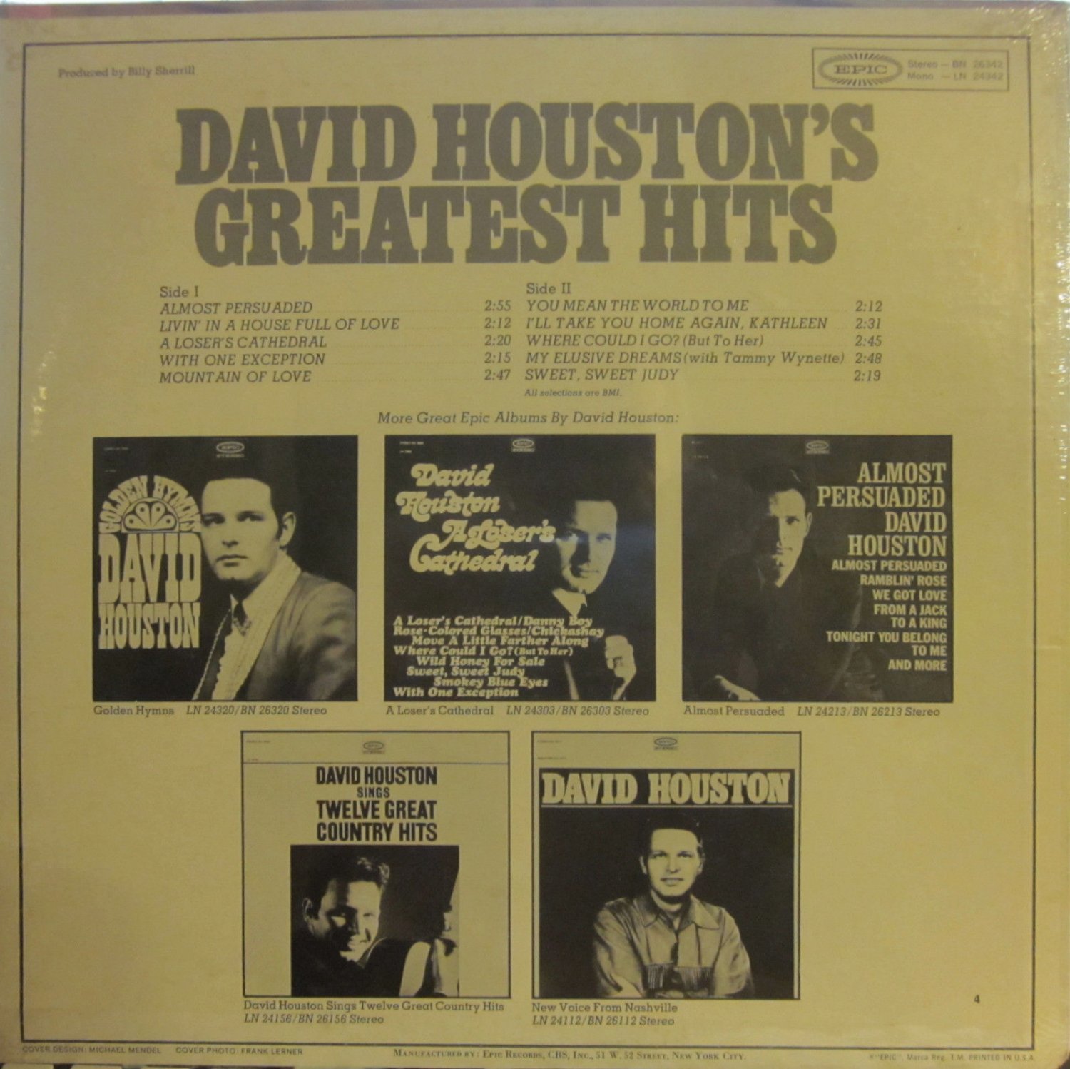 David Houston - Greatest Hits (Epic BN 26342) (sealed) (duet with Tammy ...