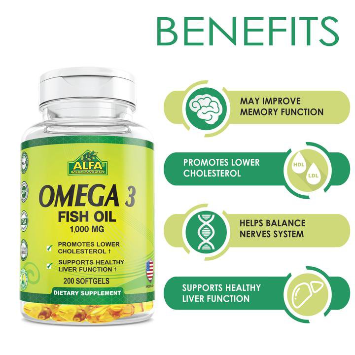 Alfa Vitamins ,Omega 3 Fish Oil 1000 mg - 200 softgels ( 2 bottles, 400 ...