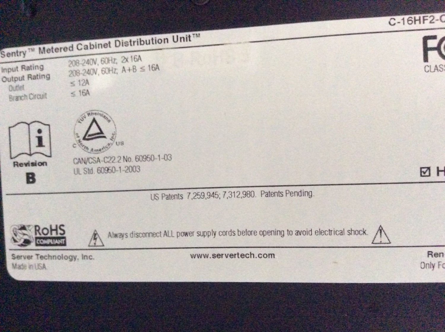 Server Technology Fail-Safe transfer switch, metered, Model C-16HF2-C20 ...