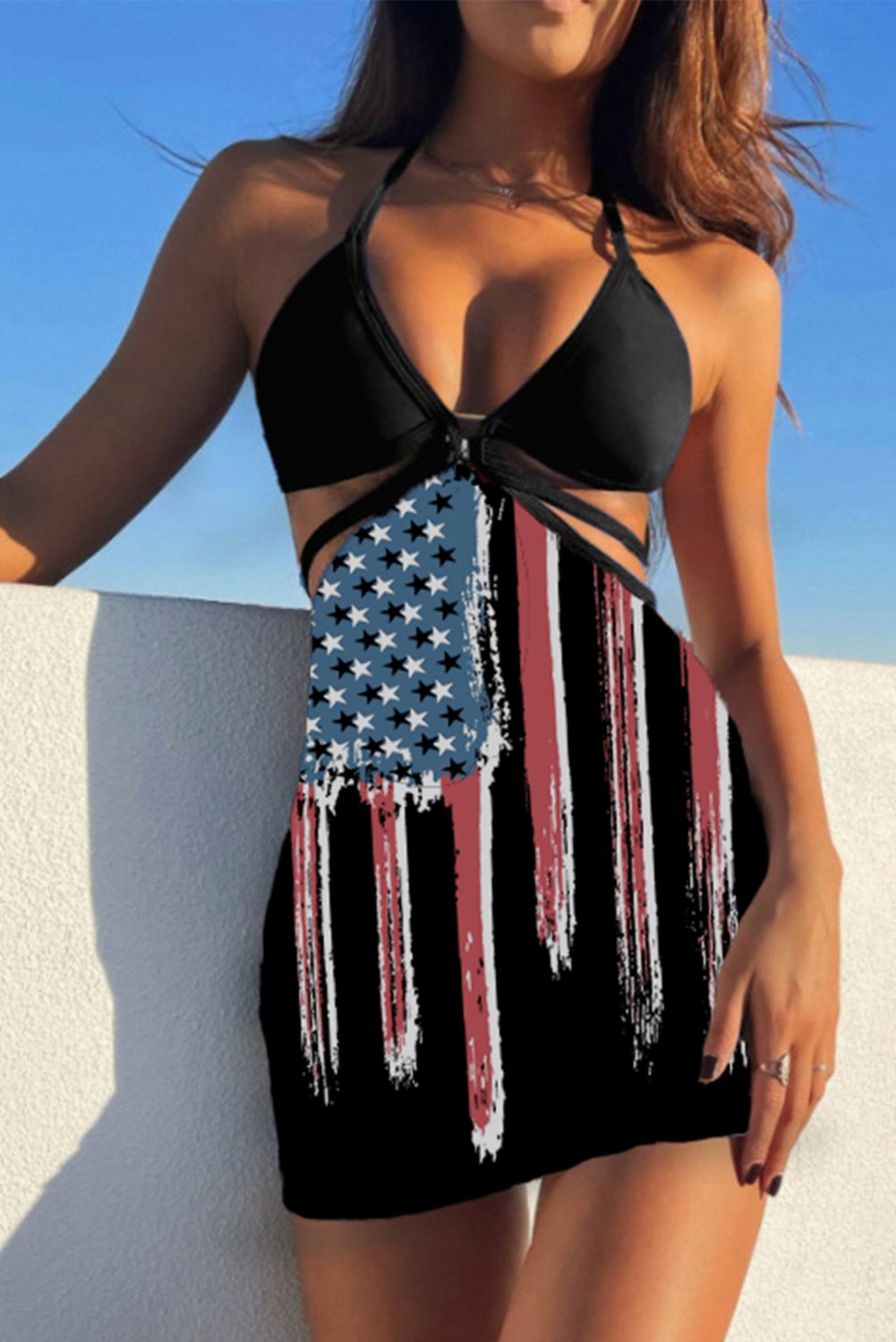 American Flag Halter Triangle Bikini With Sarong