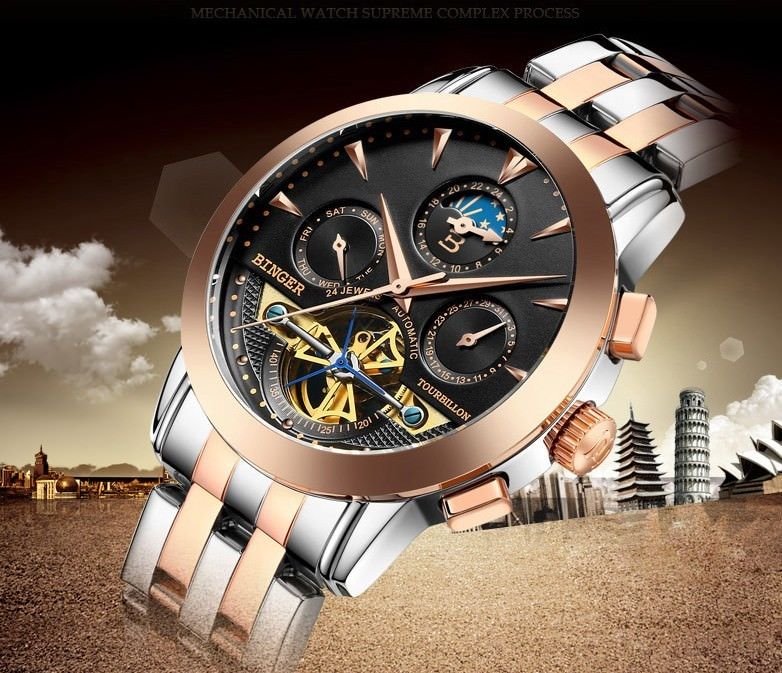 BINGER Automatic Moon Phase Sapphire Crystal Stainless Steel Men's Watch