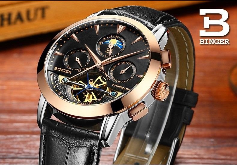 BINGER Automatic Moon Phase Sapphire Crystal Stainless Steel Men's Watch