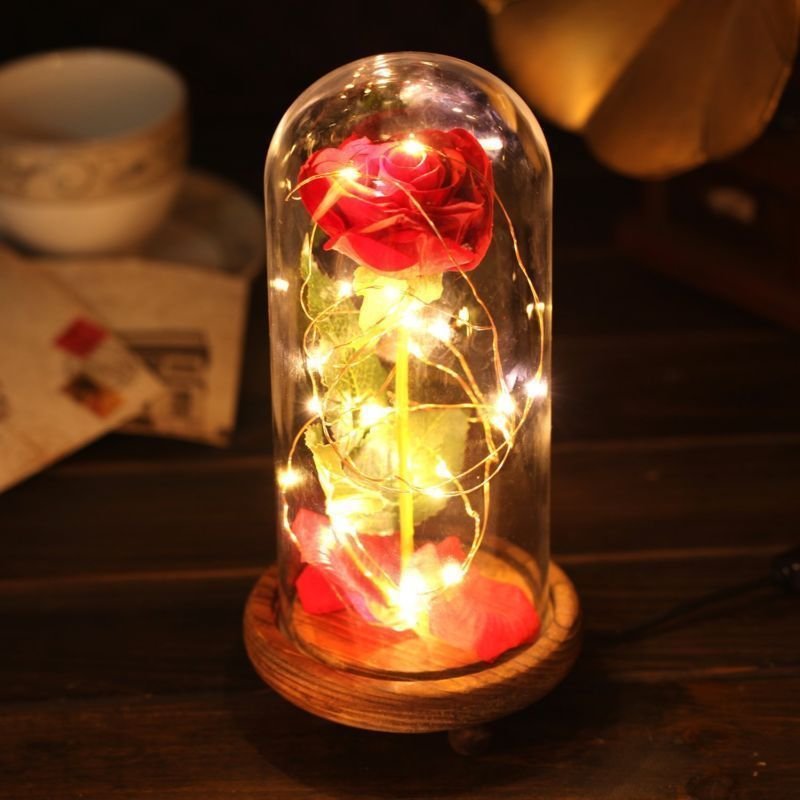 Red Silk Rose with Led Light Fallen Petals in a Glass PERFECT FOR GIFT