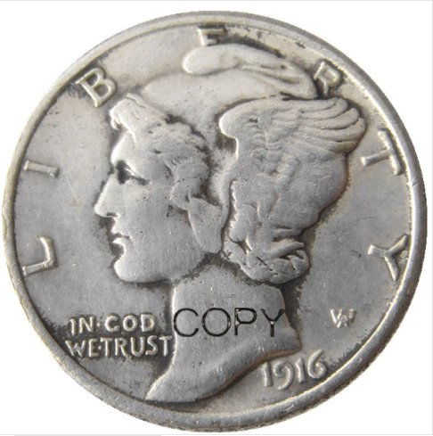 US 1916 Mercury Head Ten Cent Dime Silver Plated Copy Coins